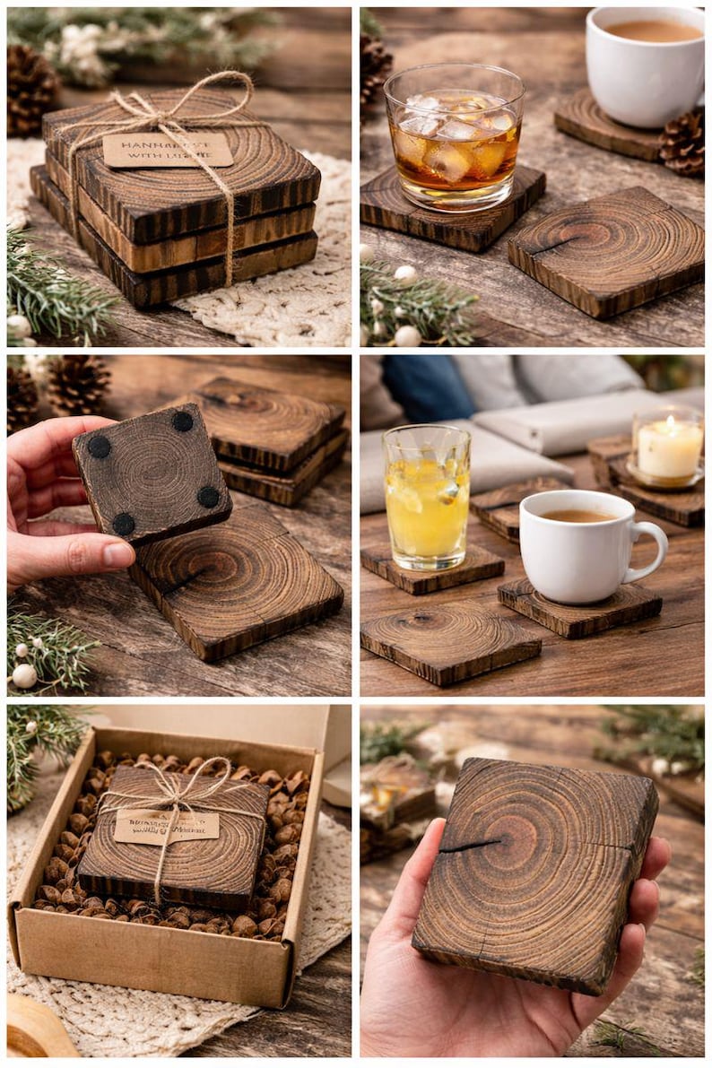 Rustic Wooden Coasters Set – Handmade Solid Wood Drink Coasters With ...