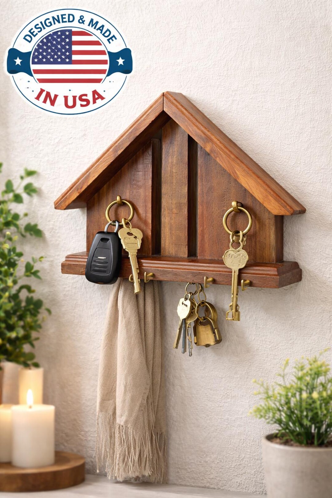 Handmade Wooden House Key Holder – Rustic Farmhouse Wall Key Rack ...