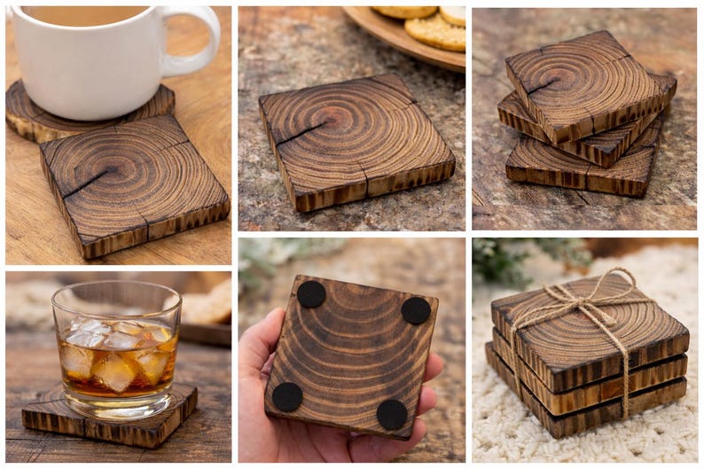 Rustic Wooden Coasters Set – Handmade Solid Wood Drink Coasters With ...