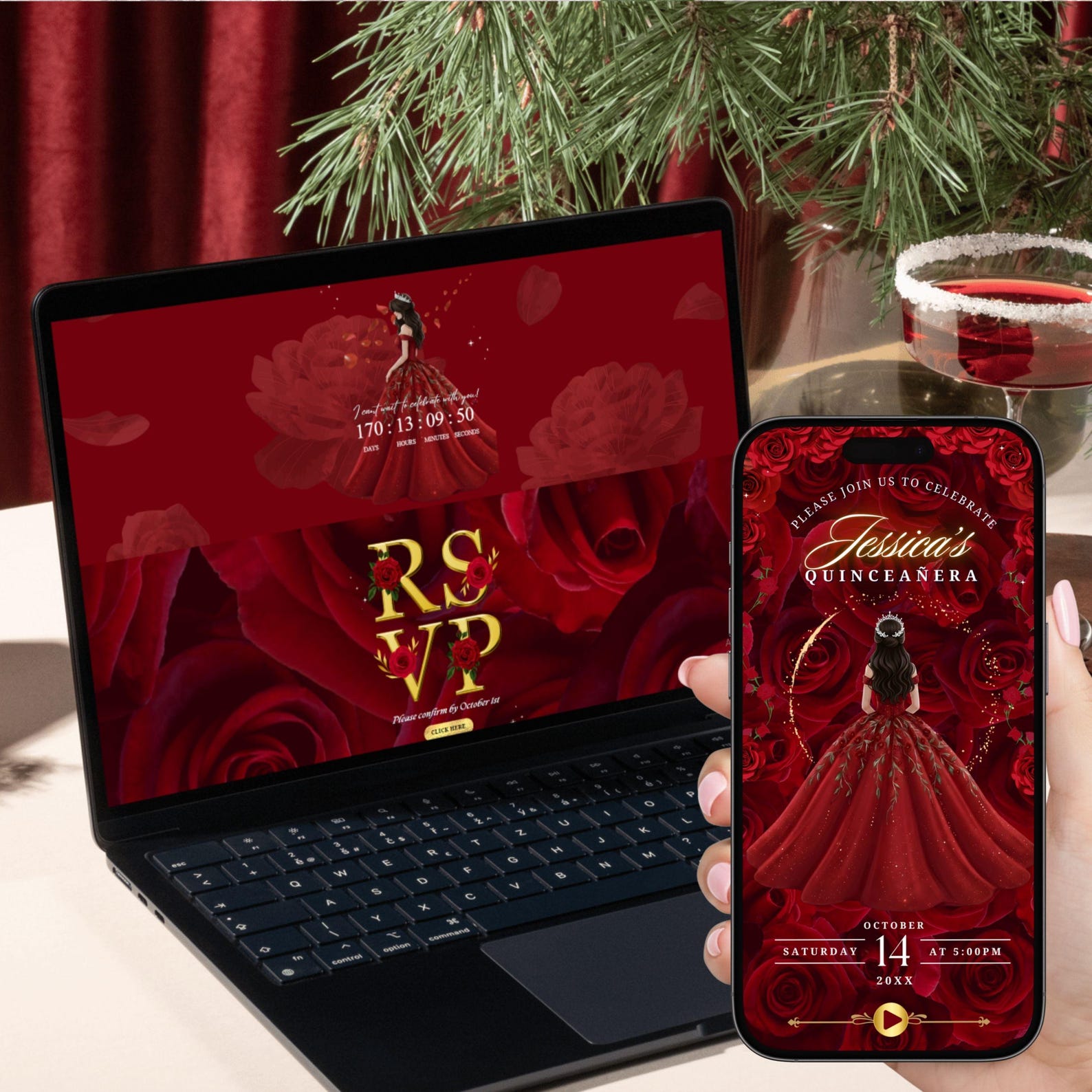 Red Floral Quinceañera Website Invitation With RSVP Tracker, Editable ...