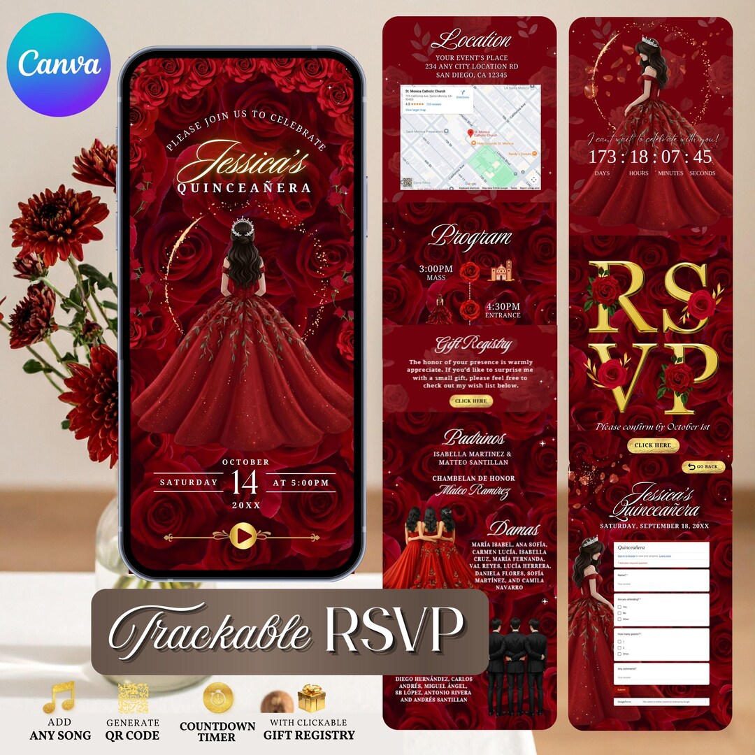Red Floral Quinceañera Website Invitation With RSVP Tracker, Editable ...