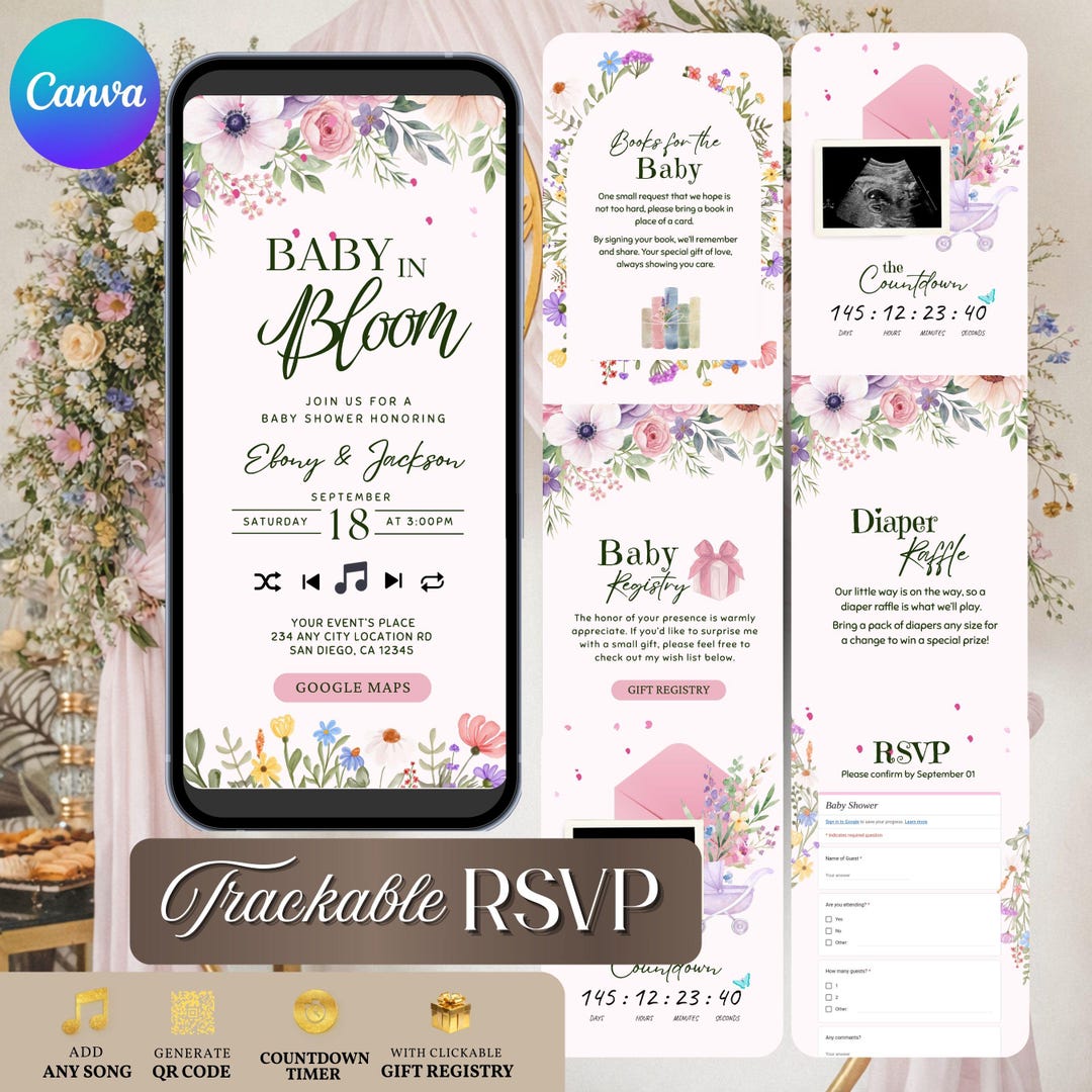 Wildflower Baby Shower Website Invitation, Floral Pink Spring Theme ...