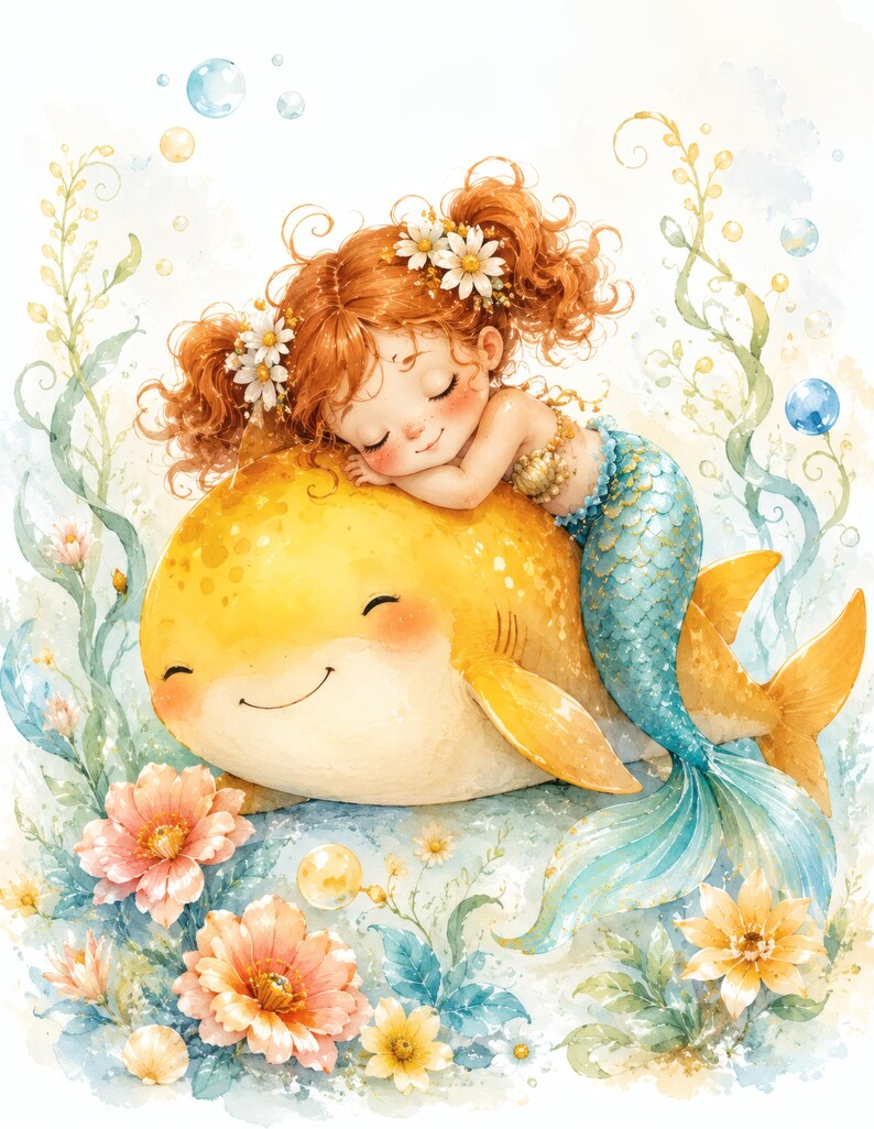Little Mermaid Sleeping Shark Nursery Art, Watercolor Ocean Prints ...