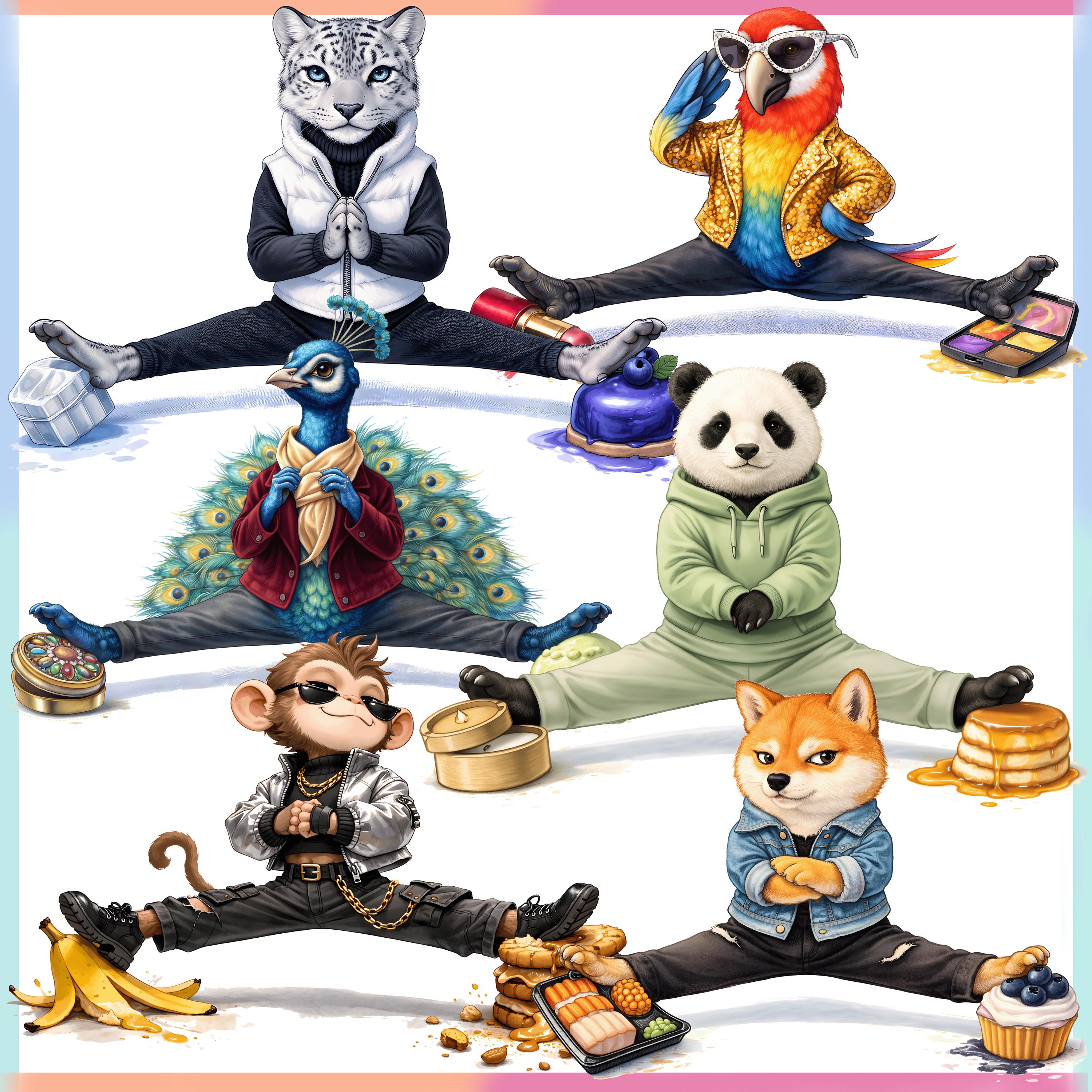 Fashion Animals Split Clipart, Funny Fashion Yoga Poses (digital ...