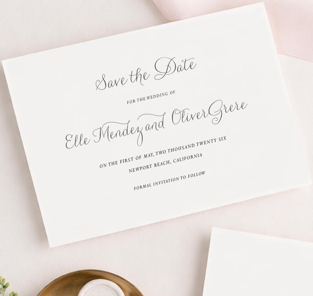 Elegant Calligraphy Save the Date Cards Printed, Elle Minimalist ...