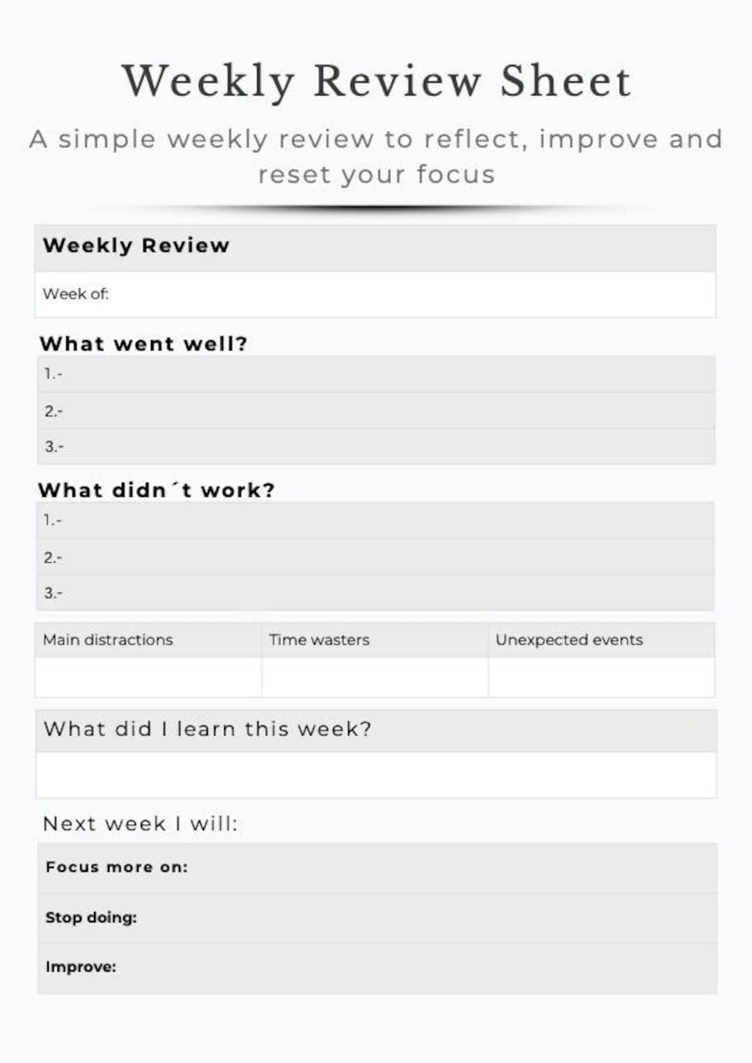 Weekly Review Sheet | Weekly Reflection Planner PDF - Etsy