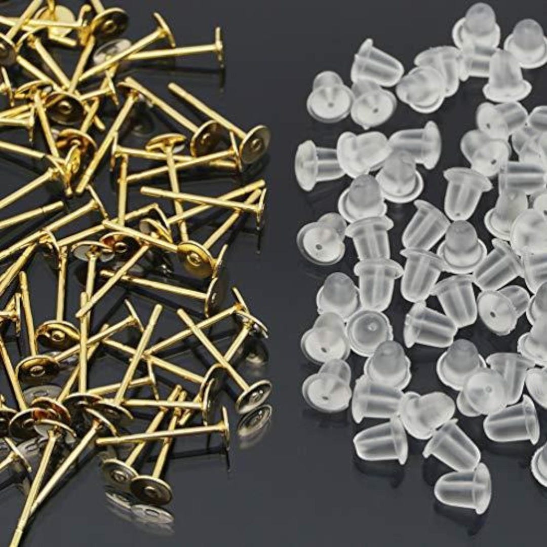 50, 8 Mm 18K Gold Plated Earring Posts With Silicon Backs in Silver or ...