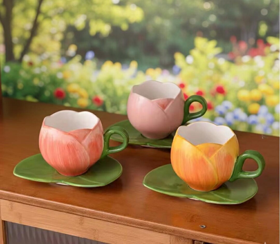 Tulip Flower Shaped Cup and Saucer, Dining Table Decor, Coffee Cup ...