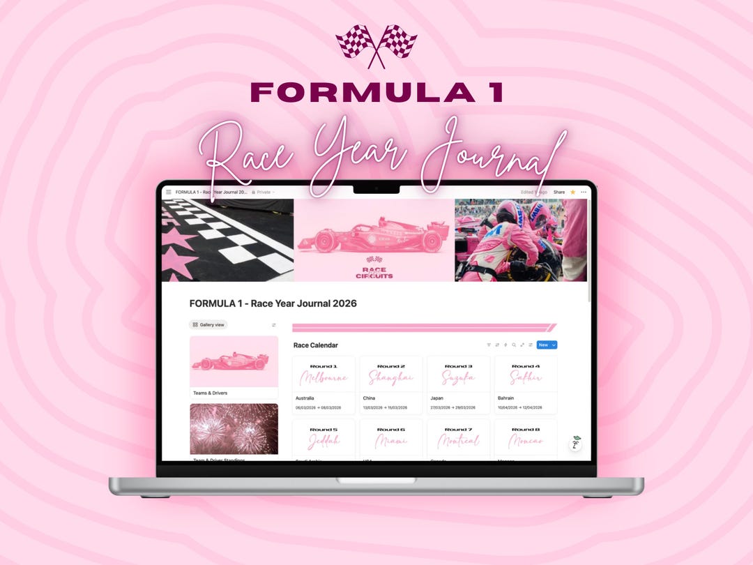 Formula 1 Race Year Journal 2026 | Pink Notion F1 Season Tracker | Race ...