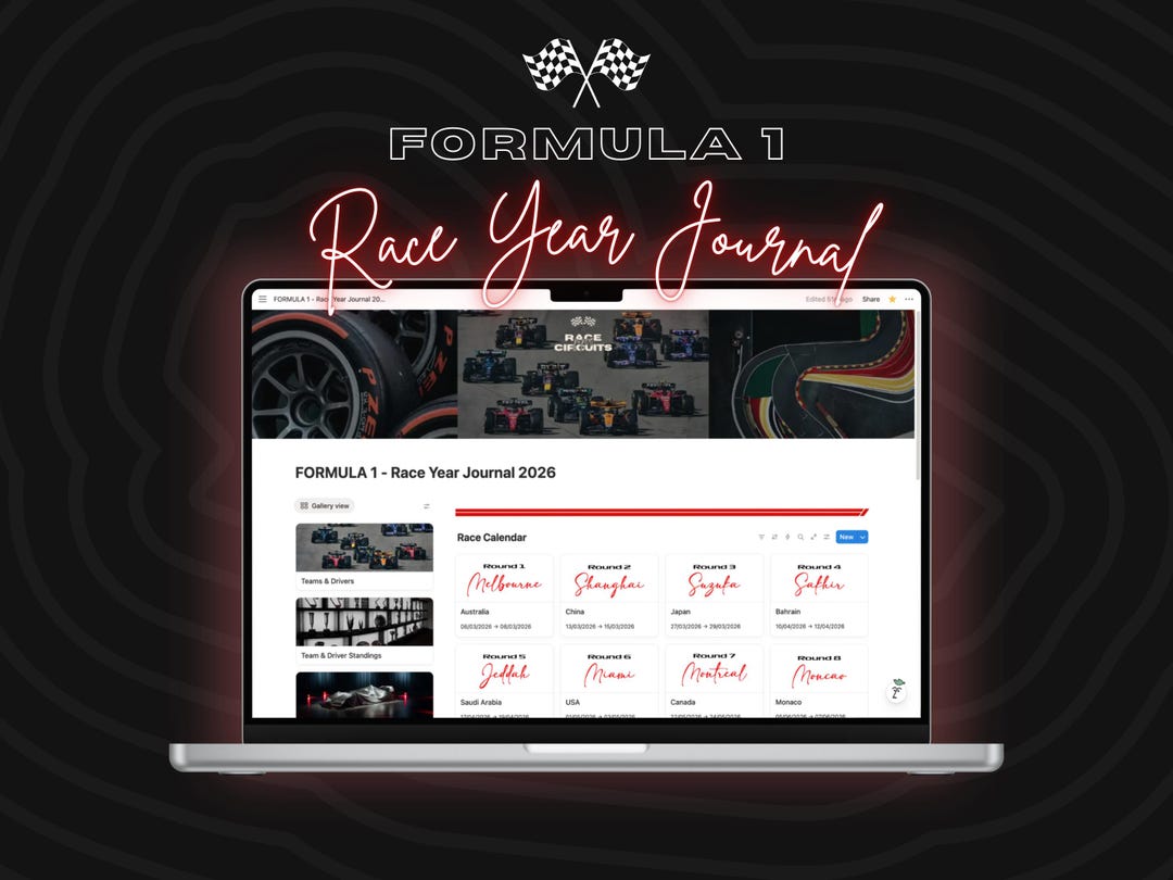Formula 1 Race Year Journal 2026 | Notion F1 Season Tracker | Race ...