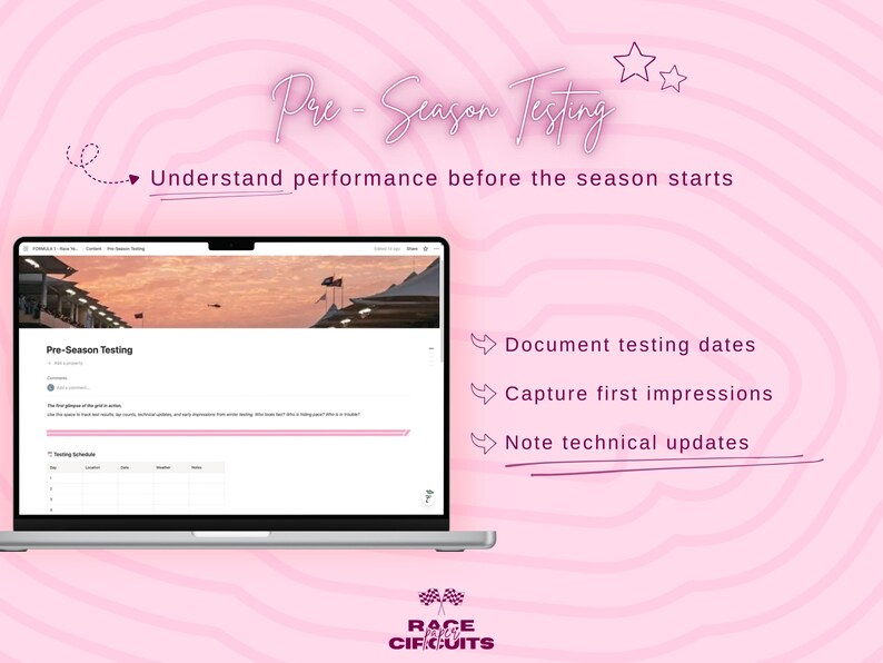 Formula 1 Race Year Journal 2026 | Pink Notion F1 Season Tracker | Race ...