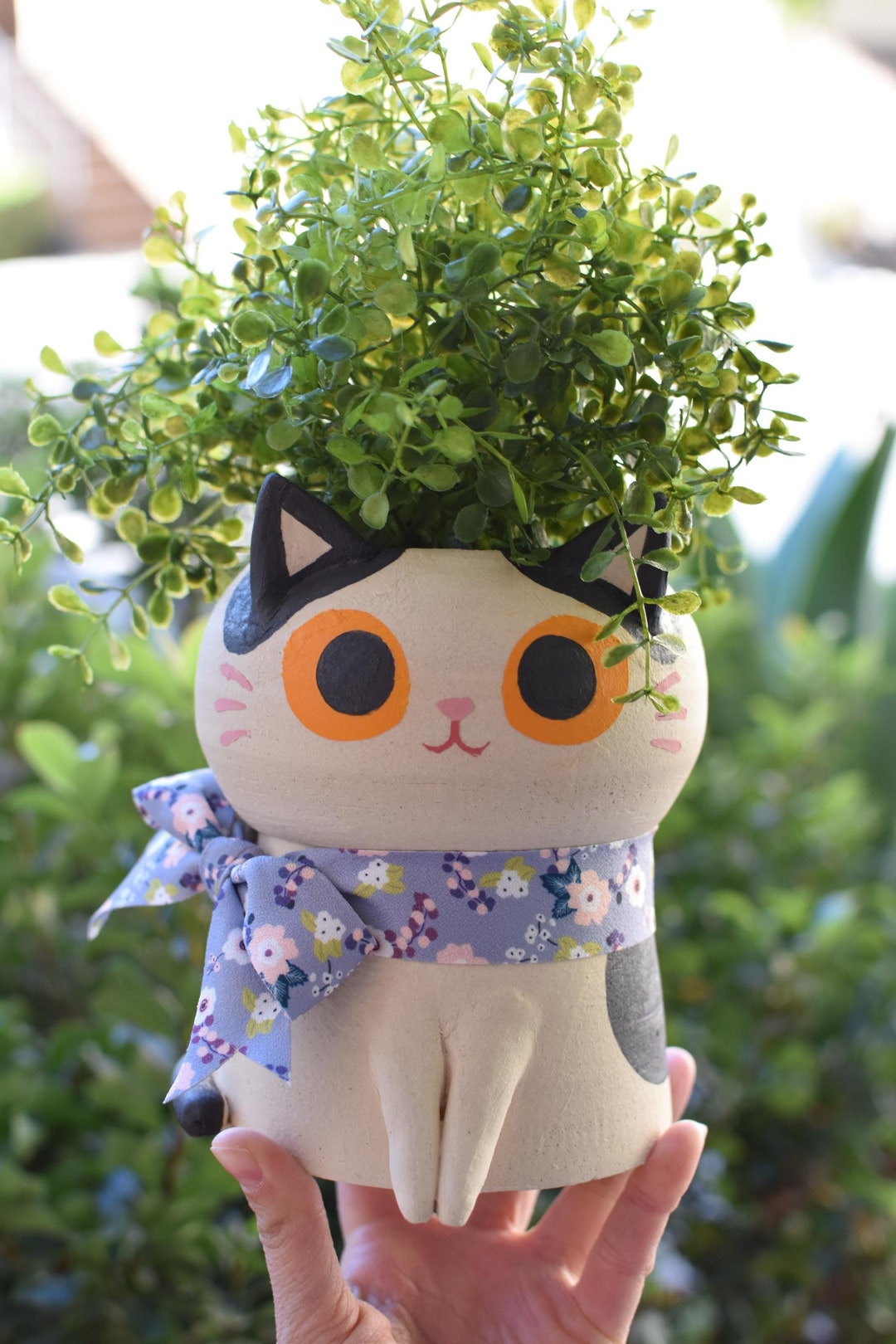 Sitting White and Black Cat - Ceramic Planter - Handmade (drainage Hole ...