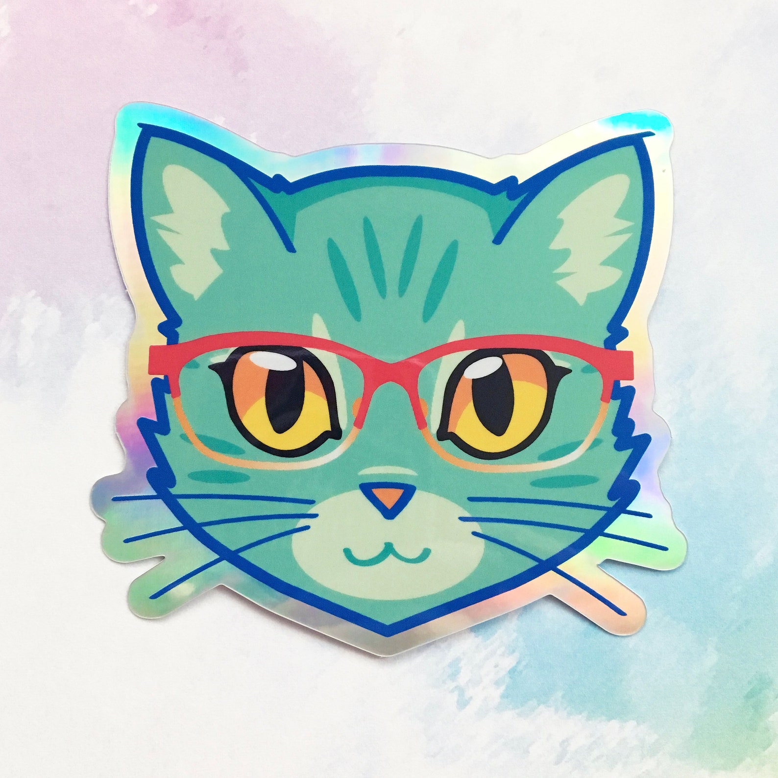Glasses Cat Face - Holographic Sticker - Etsy