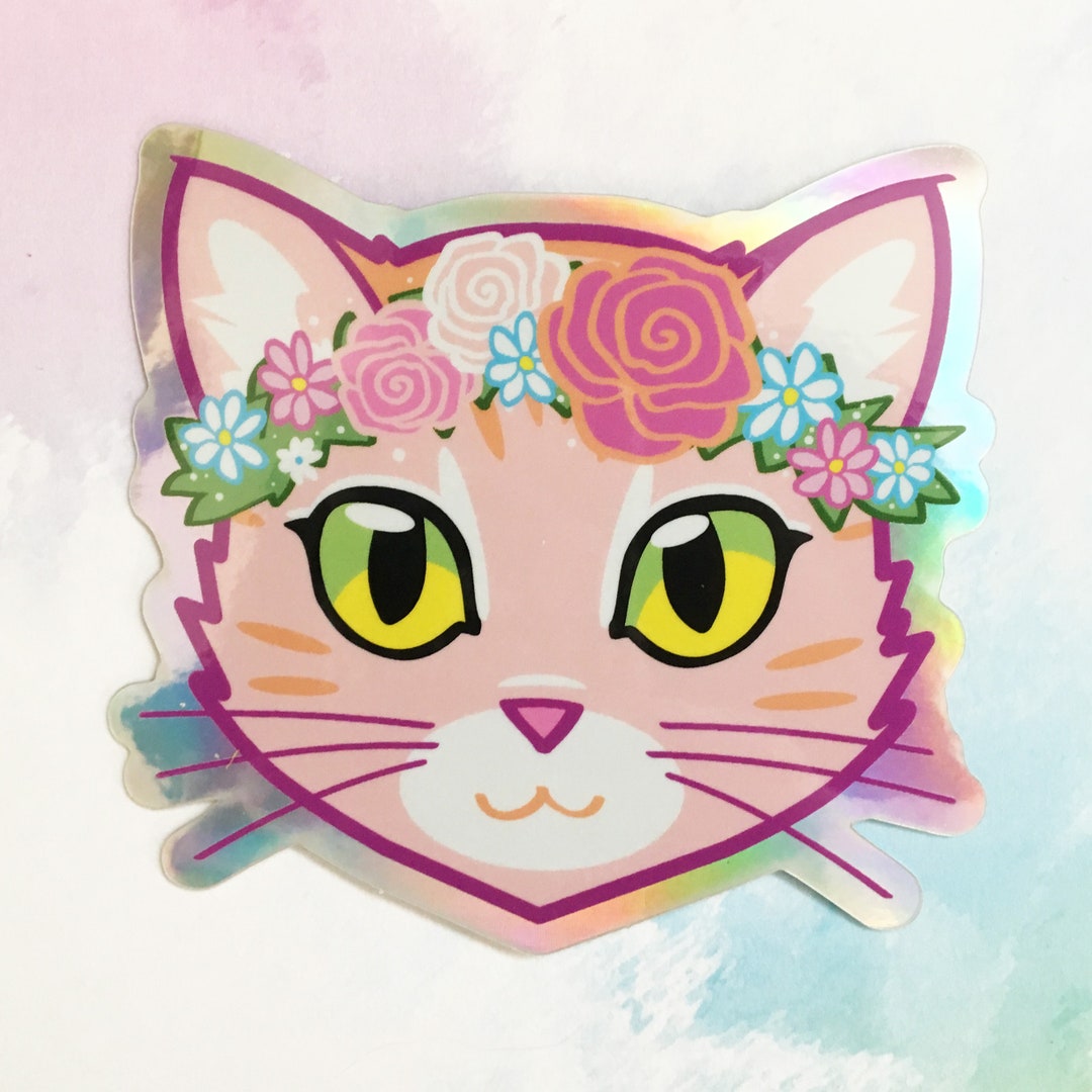 Flower Crown Cat - Holographic Sticker - Etsy