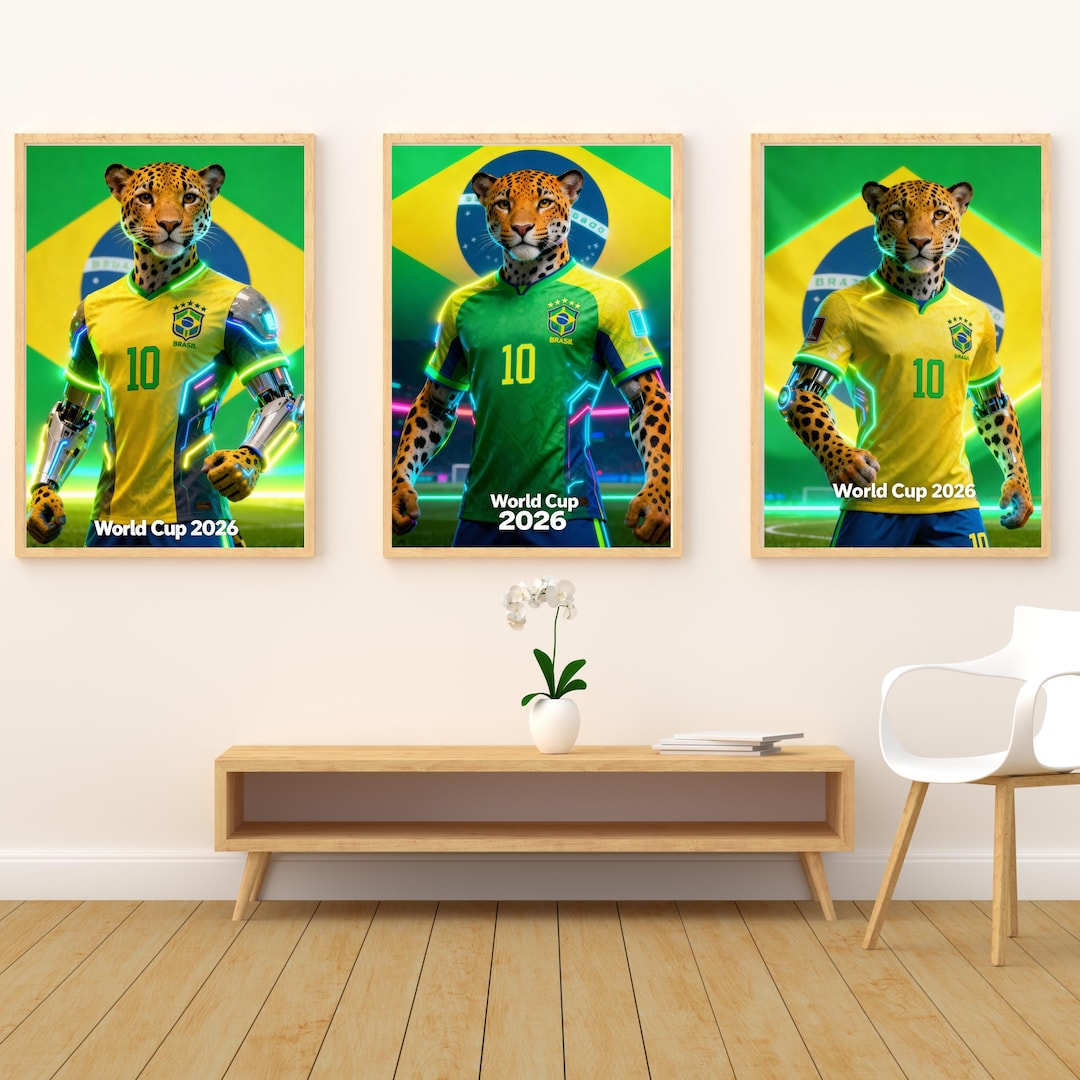 Brazil World Cup 2026 Poster, Jaguar Mascot, Neon Football Art (digital ...