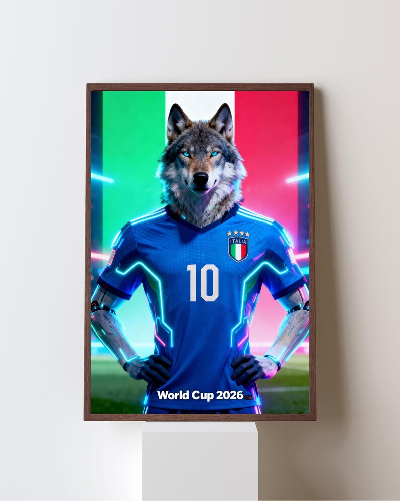 Italy World Cup 2026 Wolf Mascot Poster, Neon Football Art (digital ...