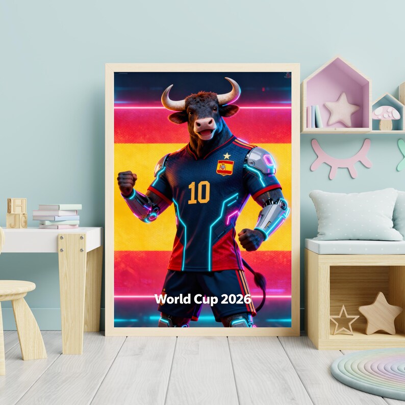 Spain World Cup 2026 Poster Featuring Bull Soccer Mascot, Futuristic ...