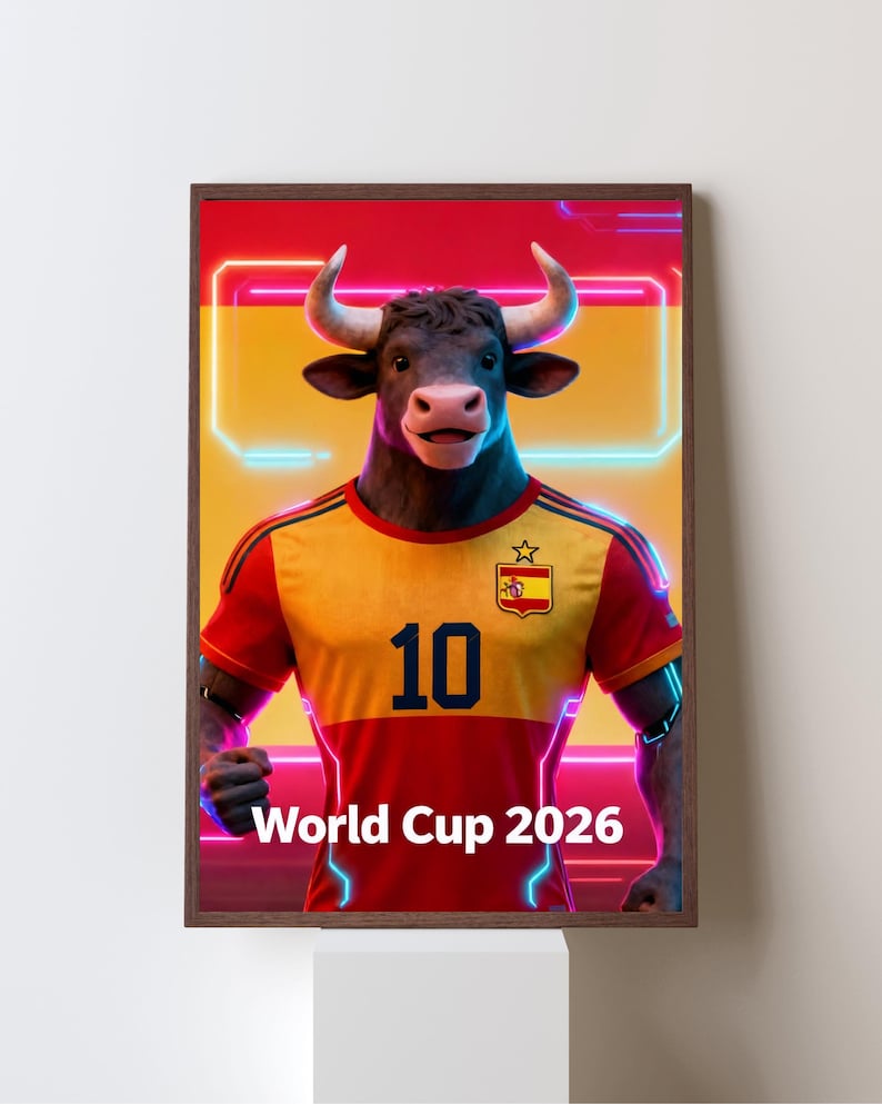 Spain World Cup 2026 Poster Featuring Bull Soccer Mascot, Futuristic ...