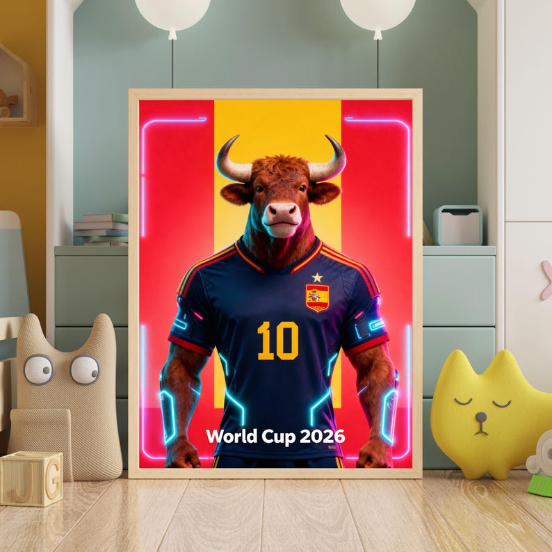 Spain World Cup 2026 Poster Featuring Bull Soccer Mascot, Futuristic ...