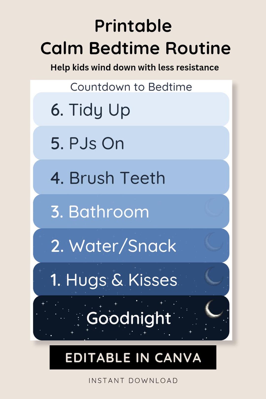 Kids Bedtime Routine Chart | Calm Countdown, Editable in Canva ...