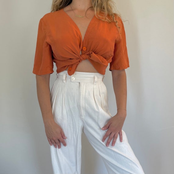 100% Silk Burnt Orange Crop Top | Vintage Short Sleev… - Gem