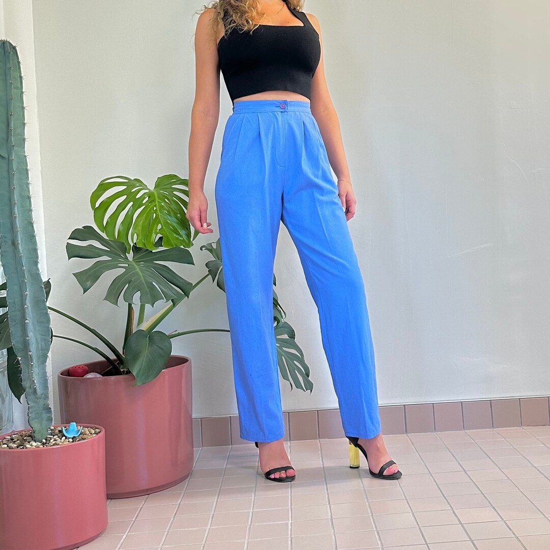 Blue Raw Nubby Silk Pleated Pants | High Waisted Relaxed Trousers ...