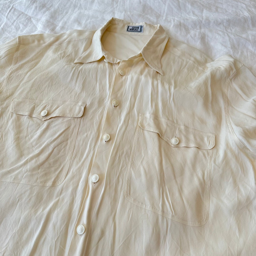 1990's Gianni Versace Button up Sheer Ivory Crepe Rayon Medusa Buttons Oversized Boyfriend Long ...