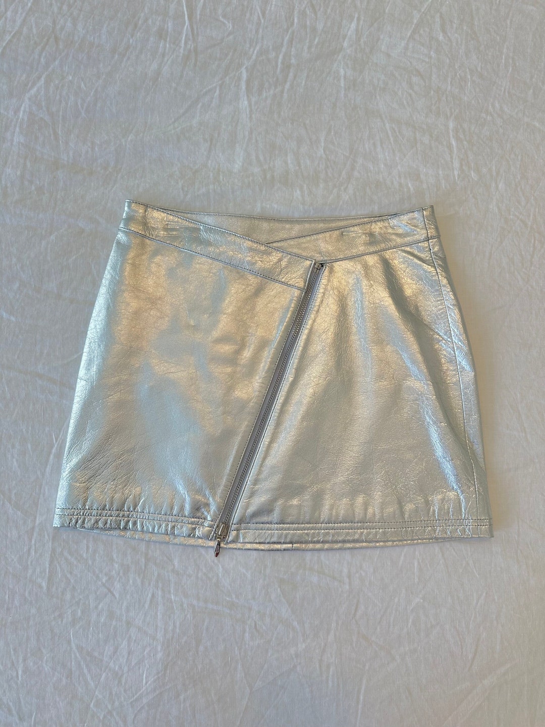 Silver Metallic Leather Mini Skirt Y2K Ultra Short Micro Skirt Diagonal ...
