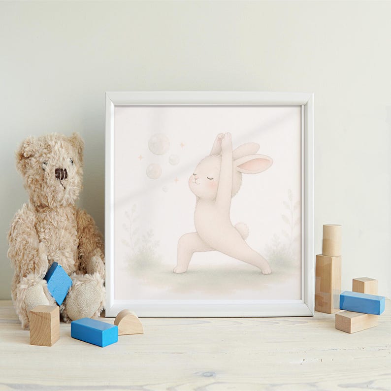 Rabbit Warrior 1 Pose Wall Art, Animal Yoga Printable, Kids Yoga Decor ...