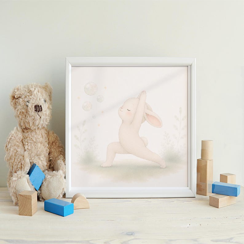 Rabbit High Lunge Pose Wall Art, Animal Yoga Printable, Kids Yoga Decor ...