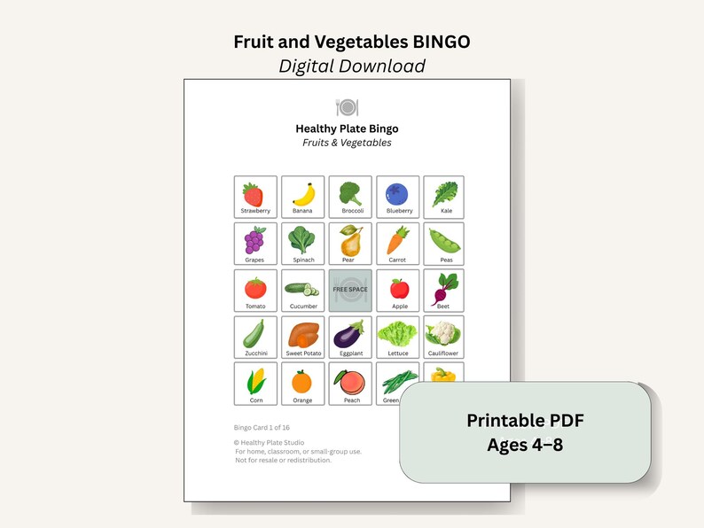 Fruit & Vegetable Bingo for Kids | Printable Healthy Eating Game ...