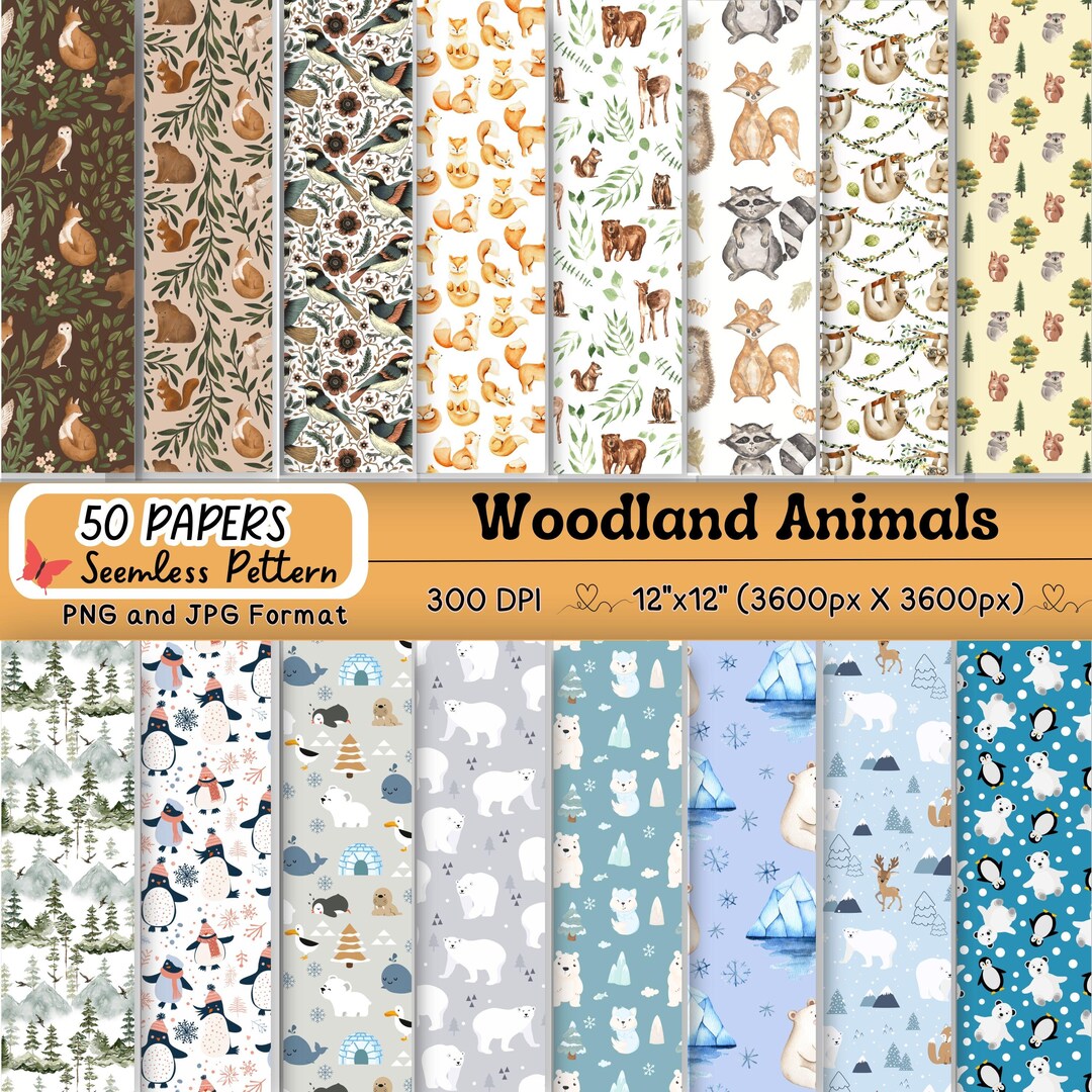 50 Woodland Animals Seamless Pattern | Playful Forest Animal Digital ...