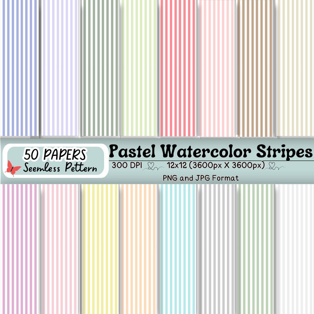 50 Pastel Watercolor Stripes Seamless Pattern | Soft Patterns Digital ...