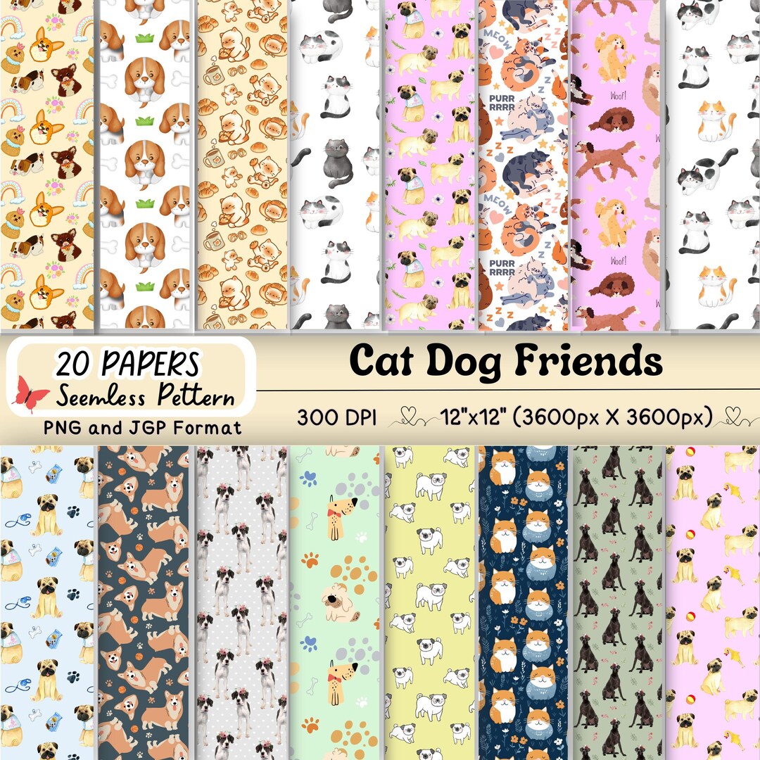 20 Dog Friend Kitty Digital Paper | Adorable Pet Friends Seamless ...