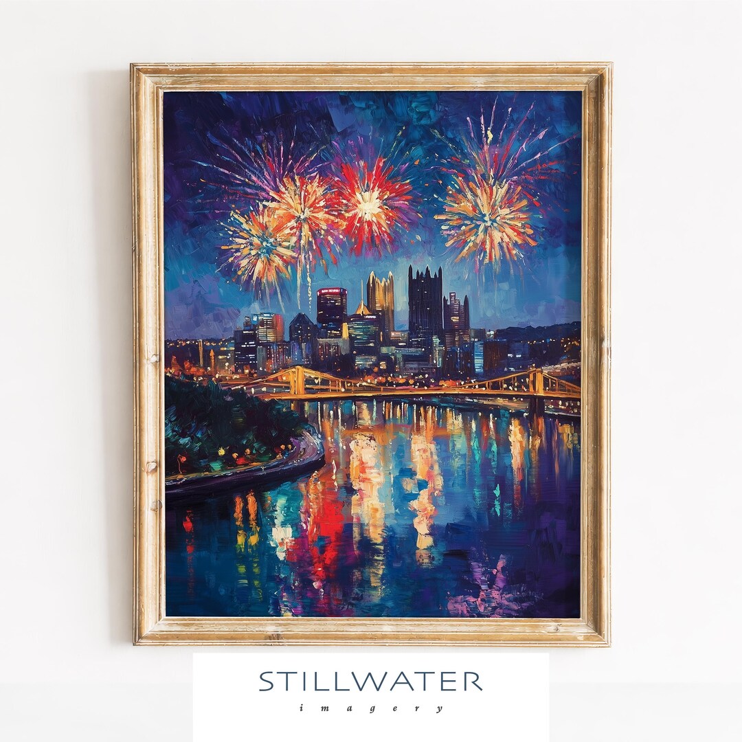 Pittsburgh Skyline Fireworks Art - Vibrant Urban Nightscape, Festive ...