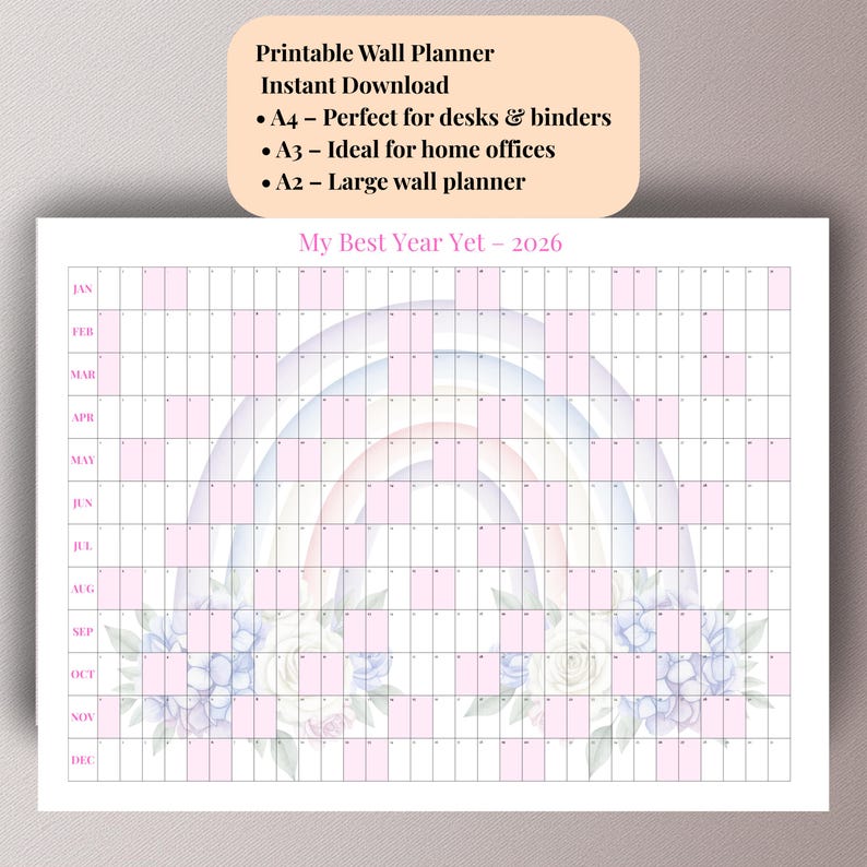 2026 Wall Planner Printable | A2 A3 A4 Year-at-a-glance Calendar ...