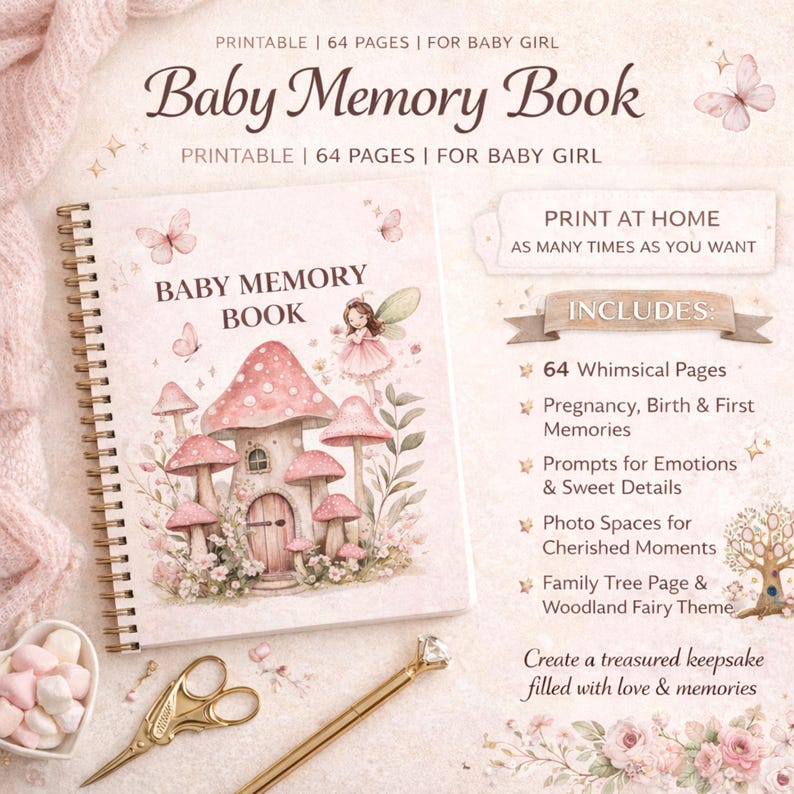 Baby Girl Memory Book, First Year Milestones, Keepsake Journal (PDF ...