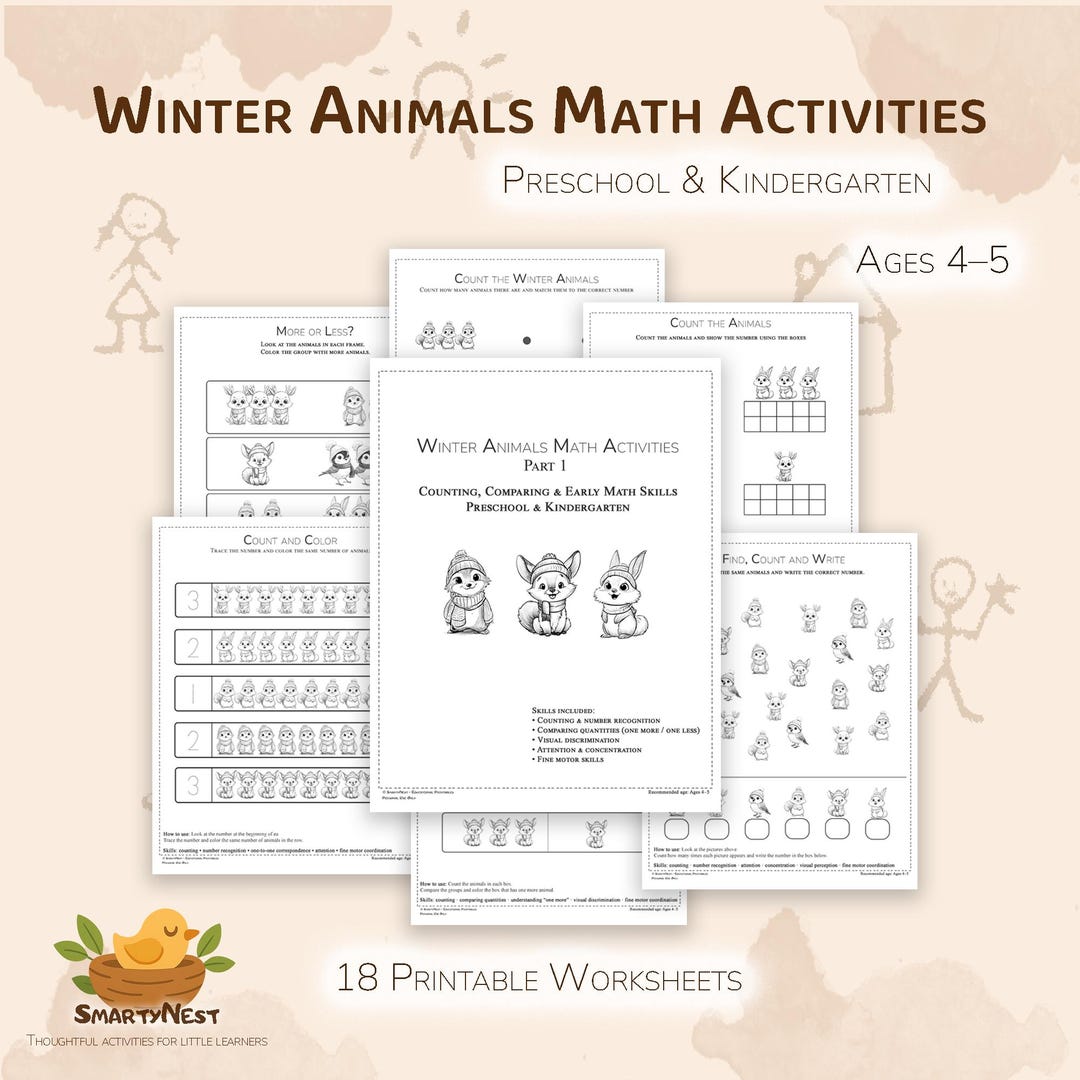 Winter Animals Math Worksheets | Preschool Kindergarten (digital ...