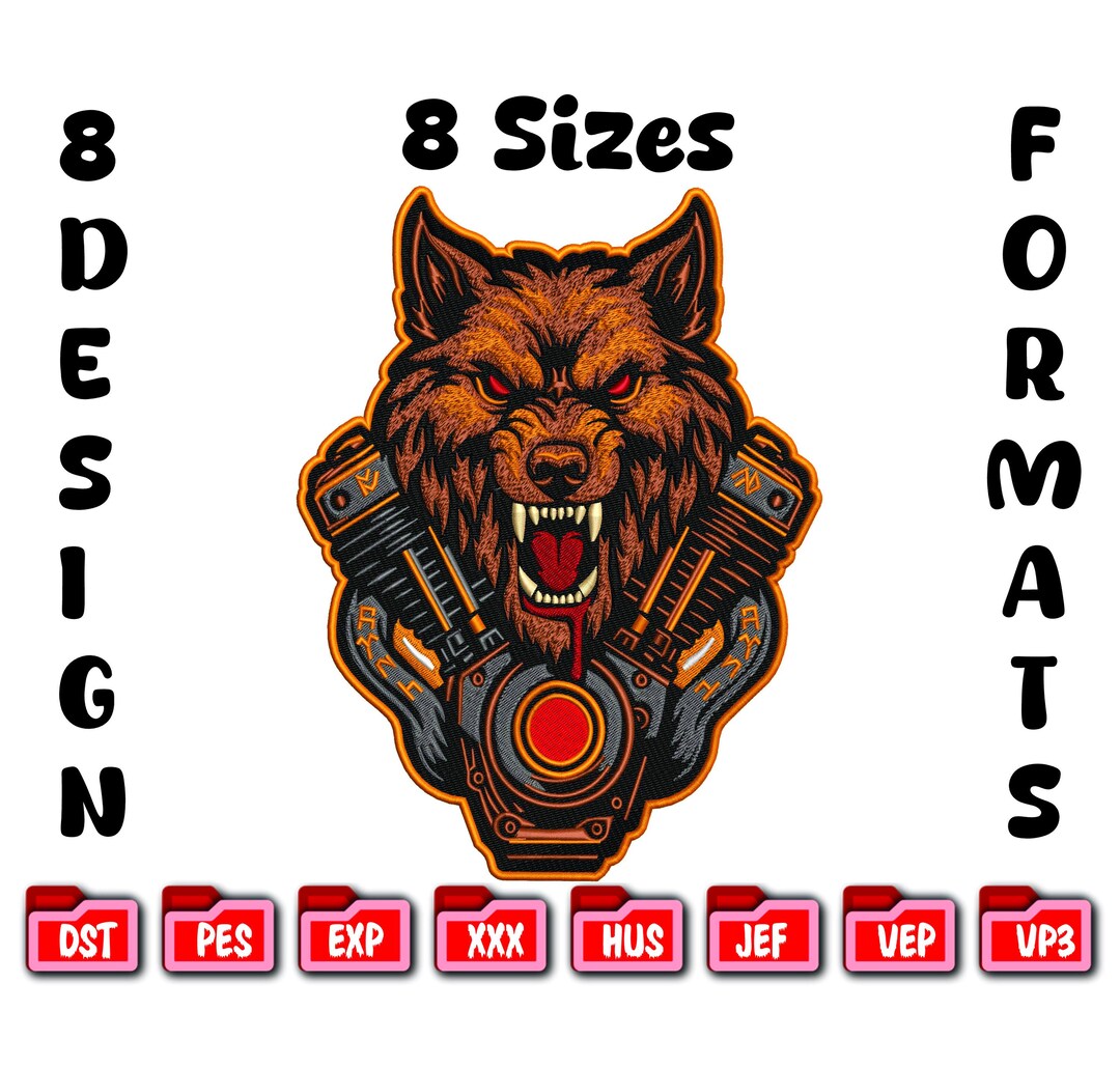 Howling Wolf Engine Embroidery Design – Biker Vest File (8 Sizes, 8 ...