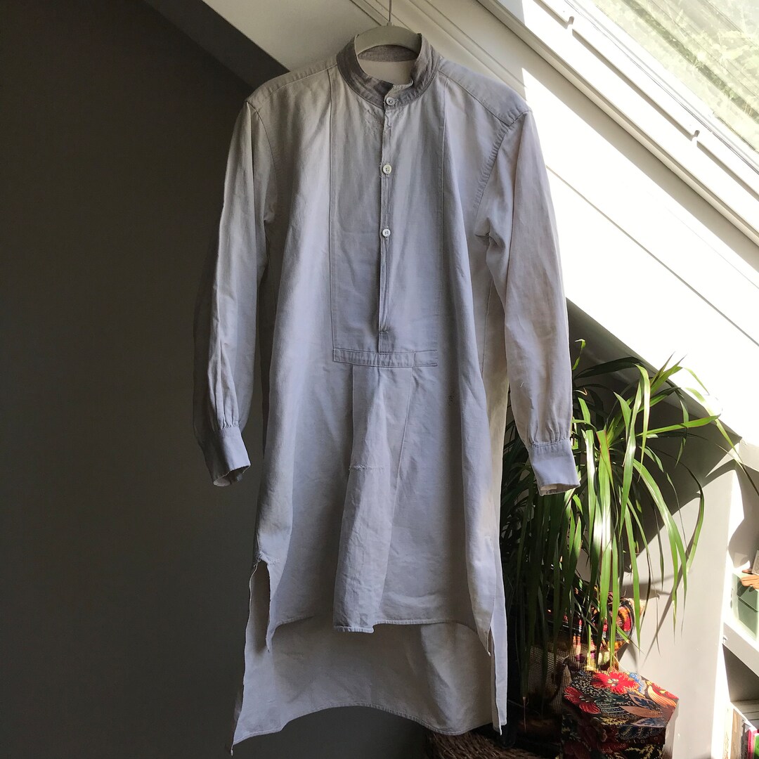 Vintage Antique French Work Shirt Linen Canvas Tunic Mending Long Farm ...