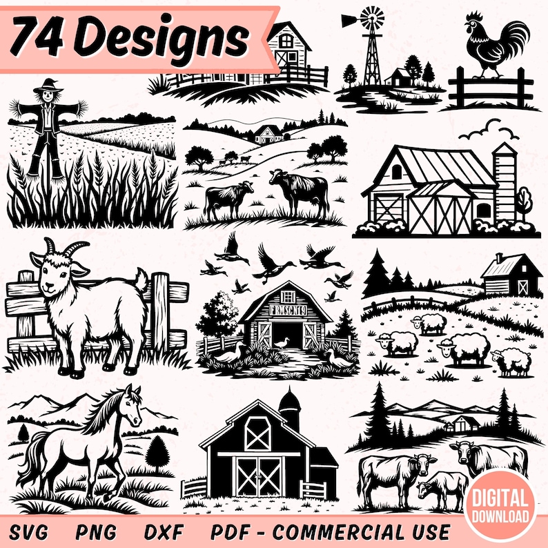 74 Farm Scene SVG Bundle | Barn Animals Country Landscape Silhouette ...