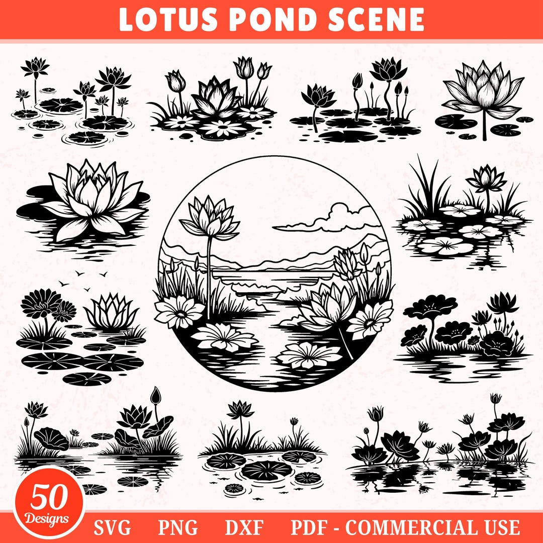 50 Lotus Pond Scene SVG Bundle | Floral Landscape Cut Files for Cricut ...