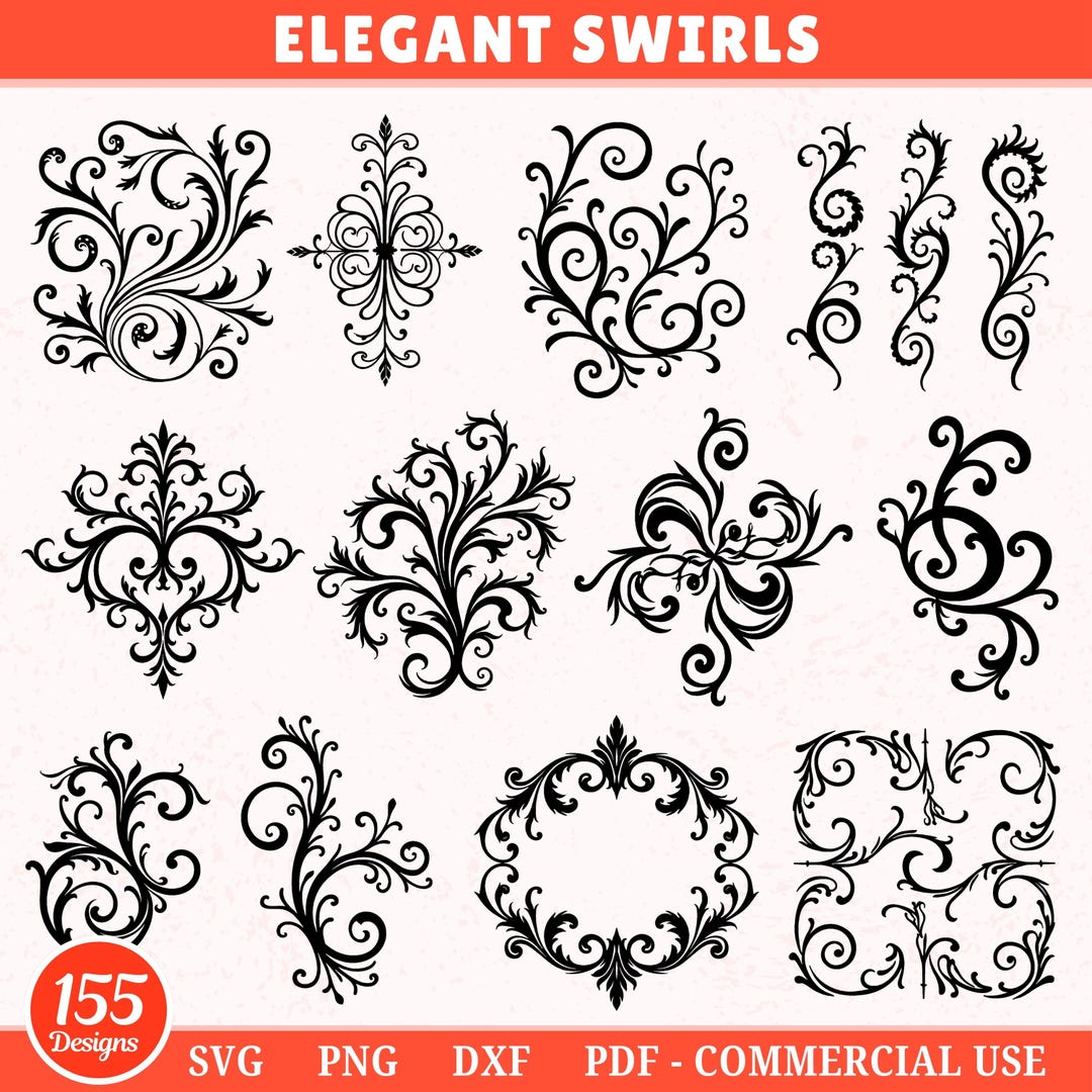 155 Elegant Swirls Svg Bundle | Decorative Swirl Flourishes, Vintage ...