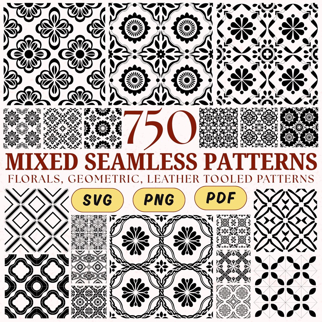 750 Mixed Seamless Patterns Svg Bundle Png | Floral, Geometric and ...