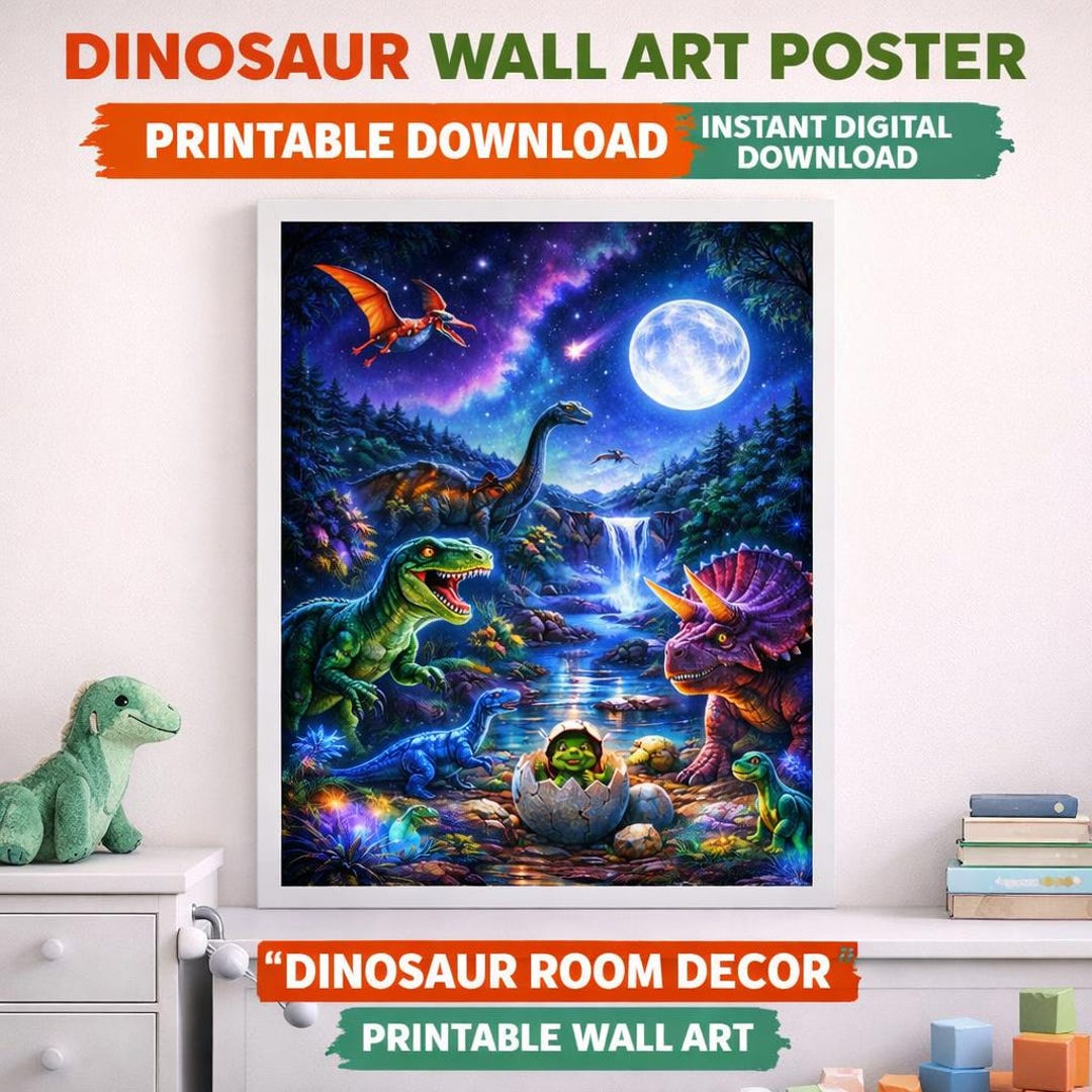 Dinosaur Wall Art for Kids Room | Printable Dino Poster | Night Decor ...