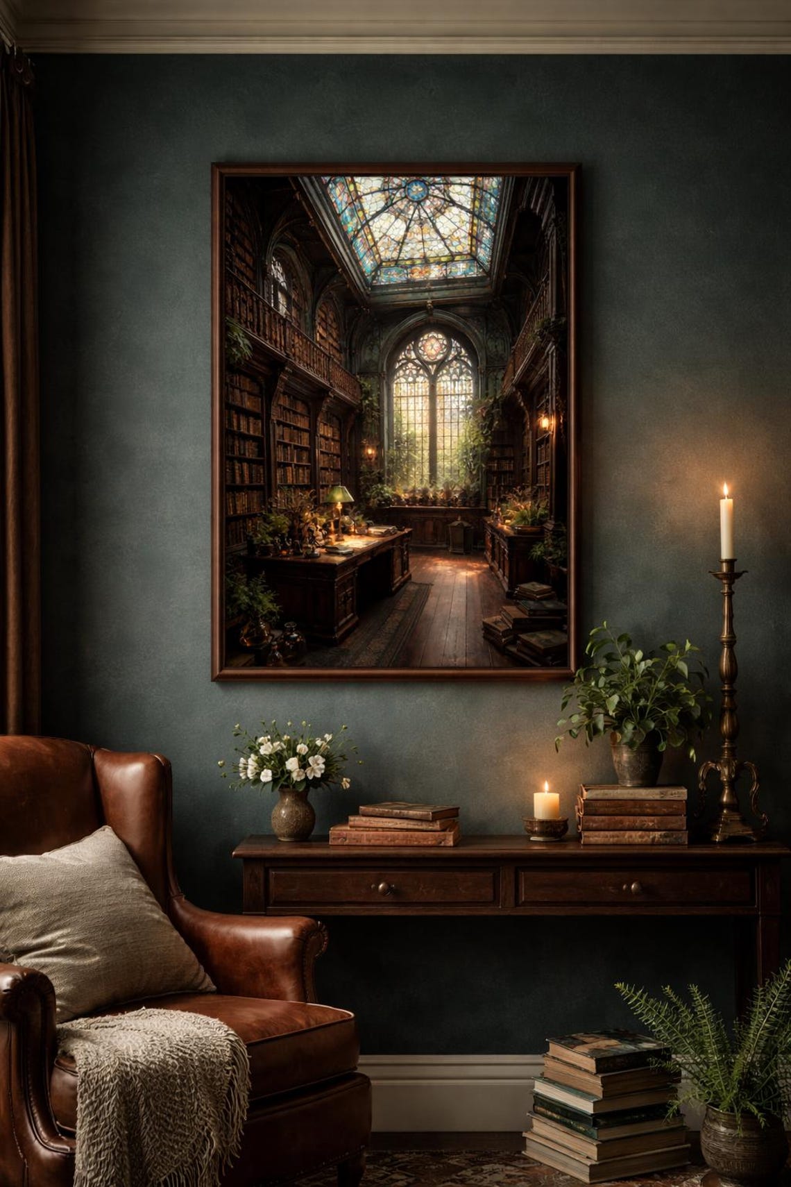 Victorian Library Art Print, Dark Academia Gothic Interior, Botanical ...