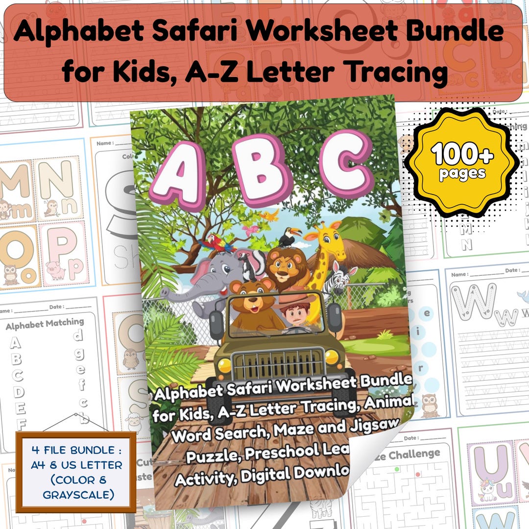 Alphabet Safari Worksheets, A-Z Letter Tracing, Preschool Animal Word ...
