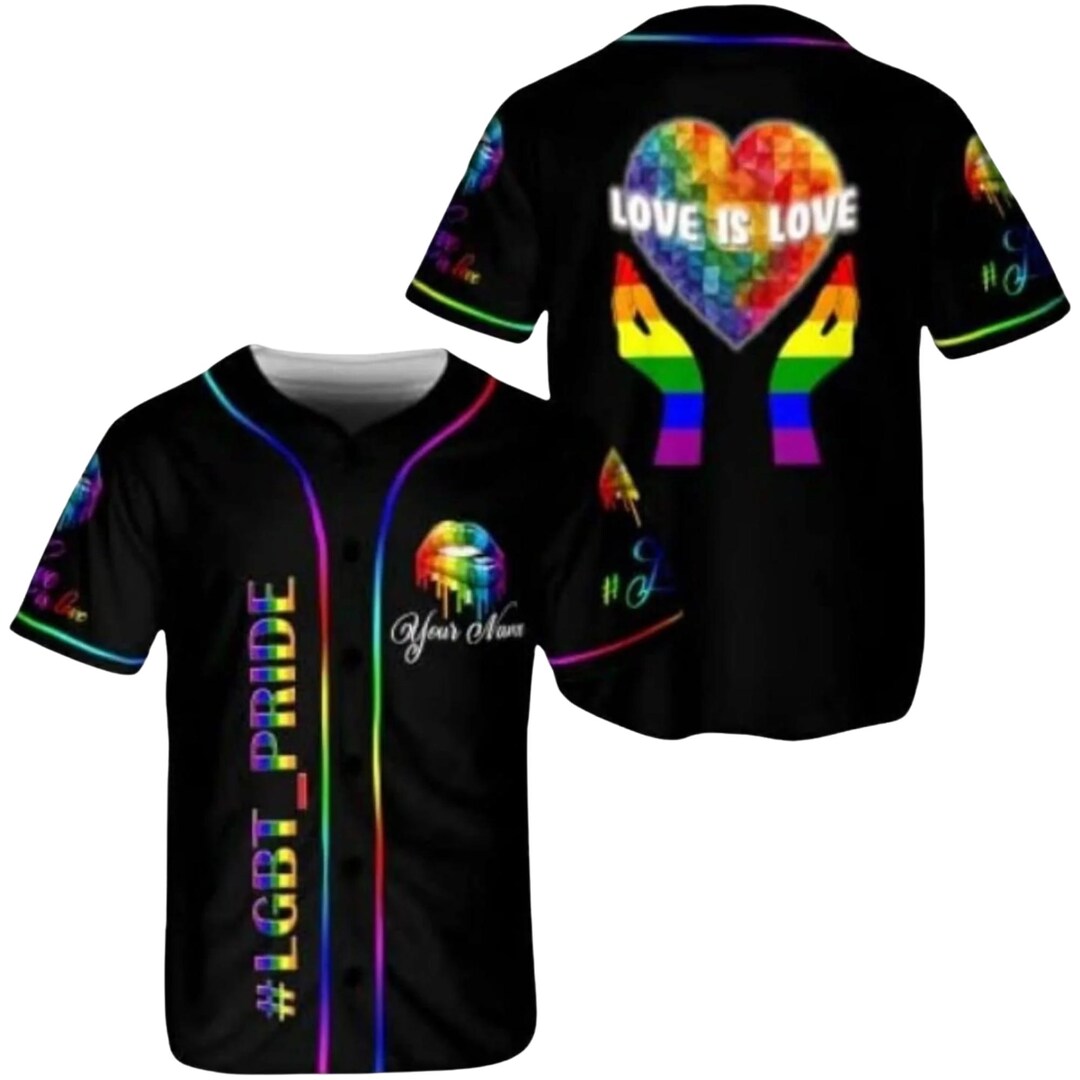 LGBT Pride Baseball Jersey Shirt – Love is Love Rainbow Heart Button up ...