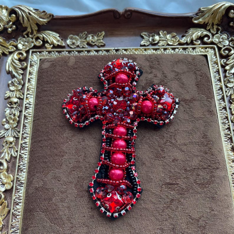 Hand Beaded Cross Patch, Red & Black Rhinestone Embroidery Applique ...