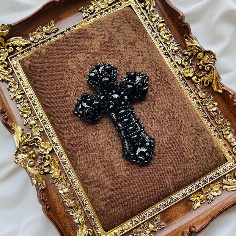 Hand Beaded Cross Patch, Red & Black Rhinestone Embroidery Applique ...